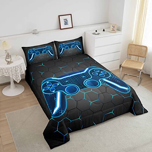 Feelyou Gamer Comforter Set for Kids Boys Teens Twin Size Game Controller Comforter 3Pcs Gaming Gifts Bedding for All Season(Twin,Blue)