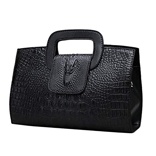 Rebecca Women Top-Handle Handbag Vintage Soft Crocodile Pattern Shoulder Bag, Black