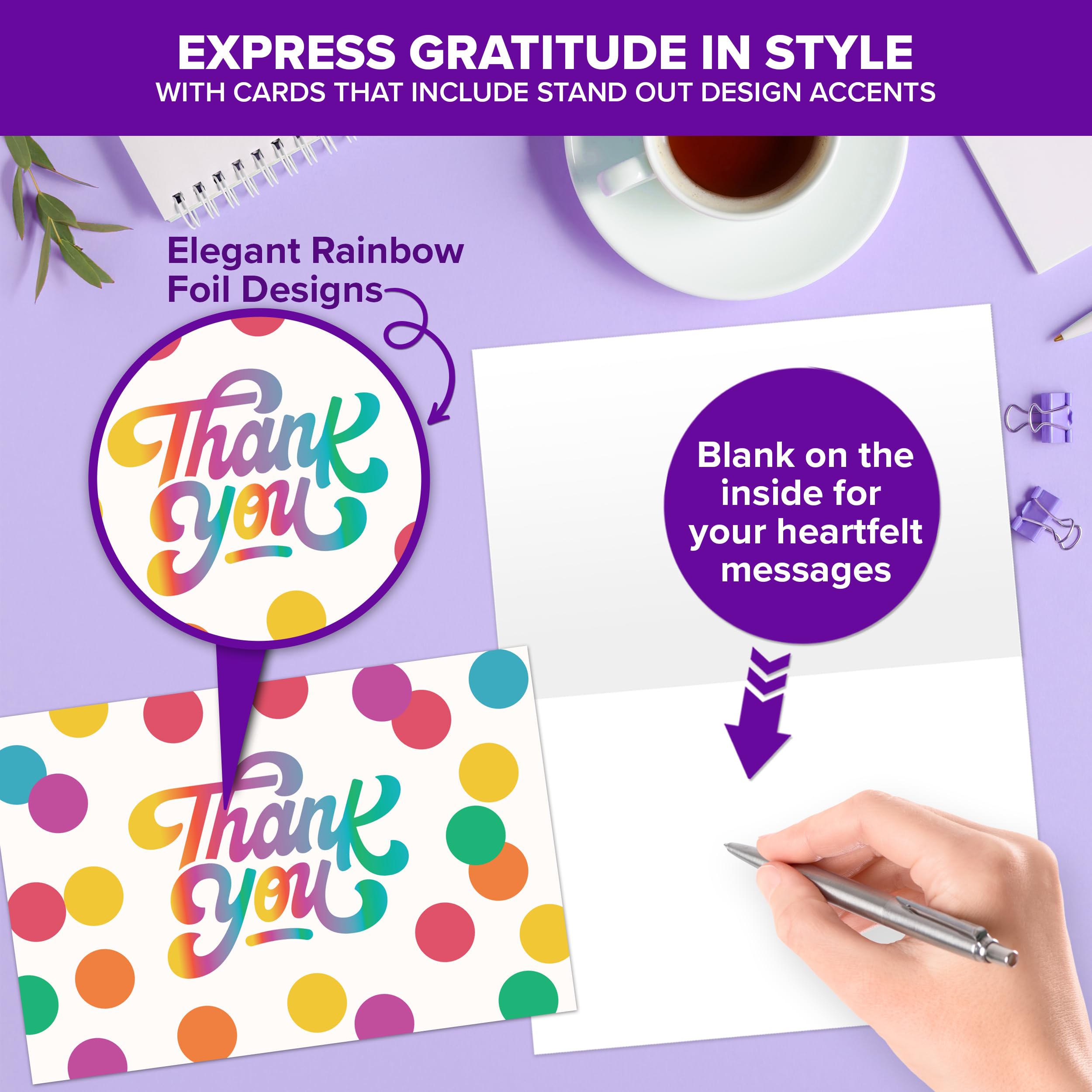 Decorably Assorted Thank You Cards with Envelopes & Stickers - 24 Pack Rainbow Thank You Cards with Envelopes, Blank Inside 4x6in Thank You Cards Rainbow, Thank You Card Assortment