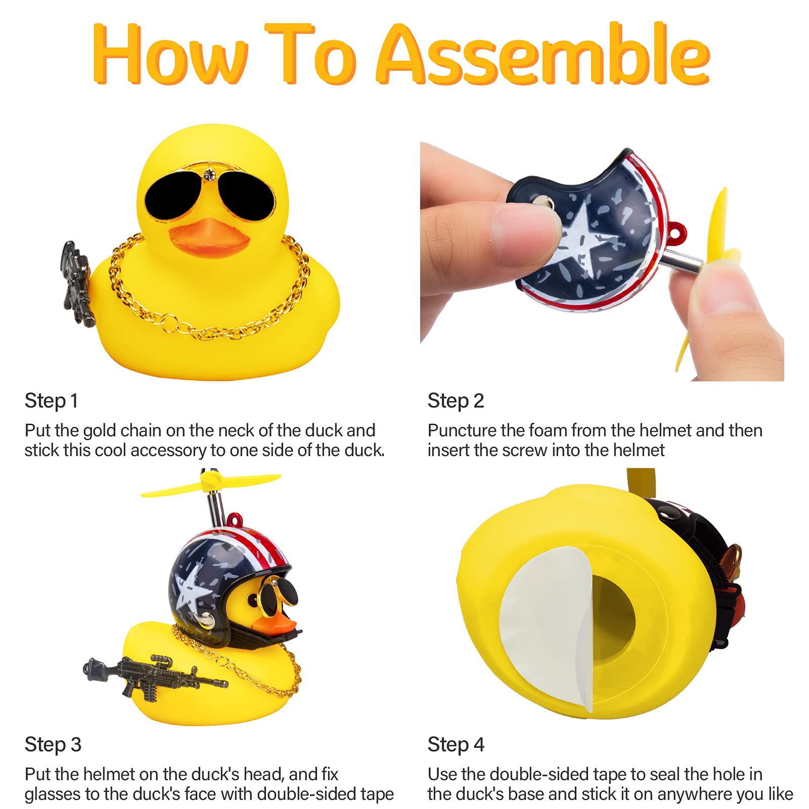 wonuu 3 Pack Car Rubber Duck Cute Yellow Wind-Breaking Ducks Dashboard Decorations Small Ornaments with Propellers Glasses Gold Chain (Yellow-Stars and Stripes&Flag&Shark)
