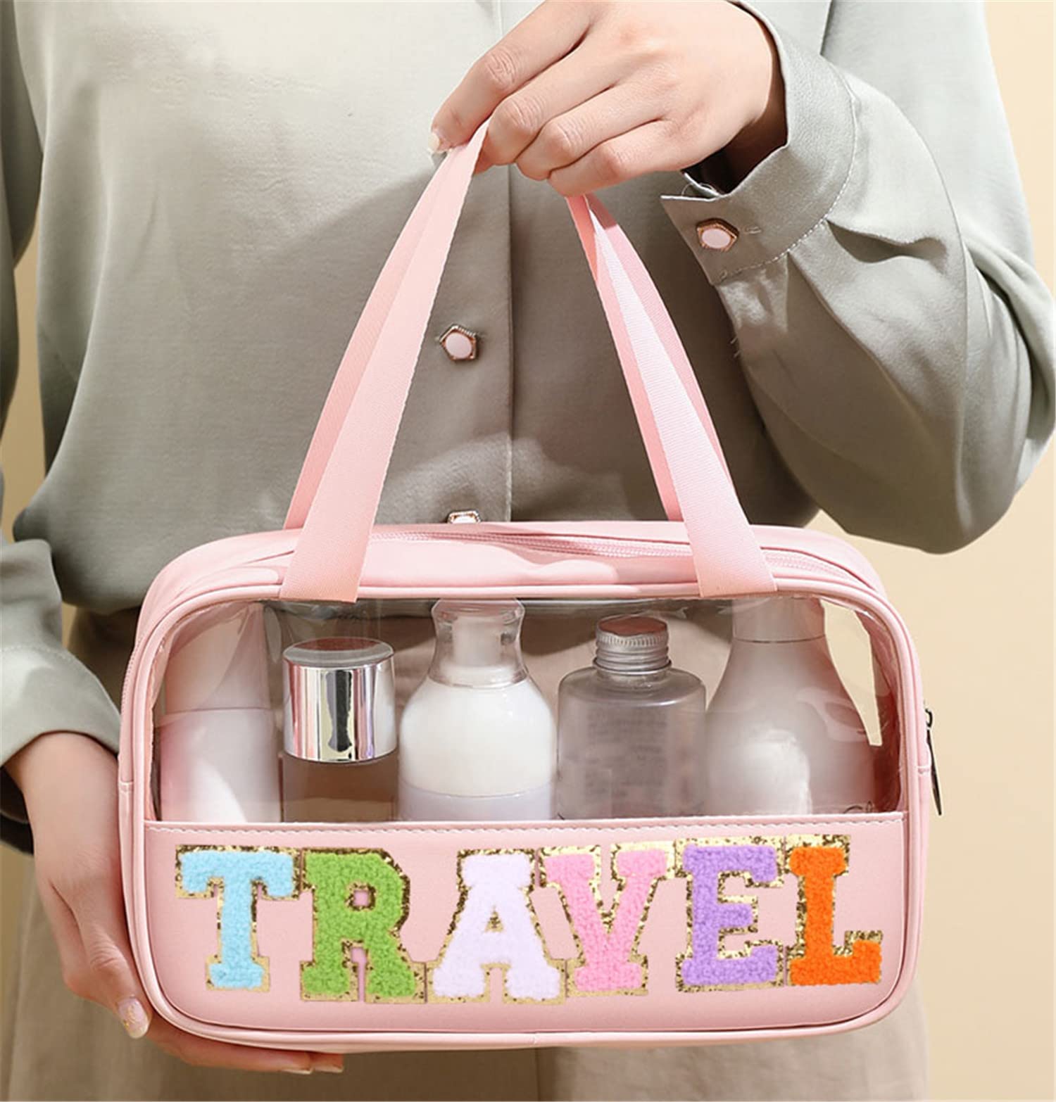 CRUOXIBB Chenille Letter Patch Clear PVC And PU leather Large Travel Makeup Toiletry Storage Bag Waterproof Makeup Tote Bag for Women (Travel-Pink)