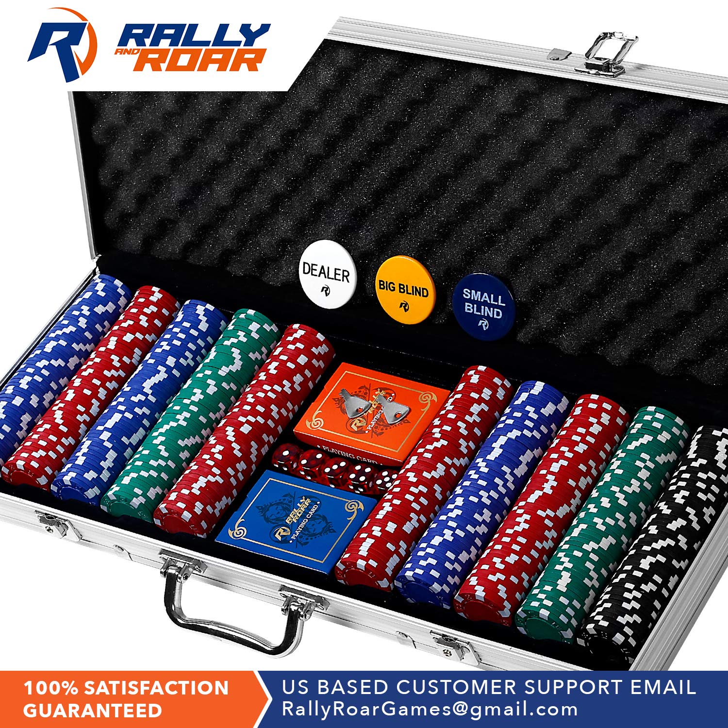 Rally and Roar Professional Poker Set w/ Hard Case, 2 Card Decks, 5 Dice, 3 Buttons - 500 Chips