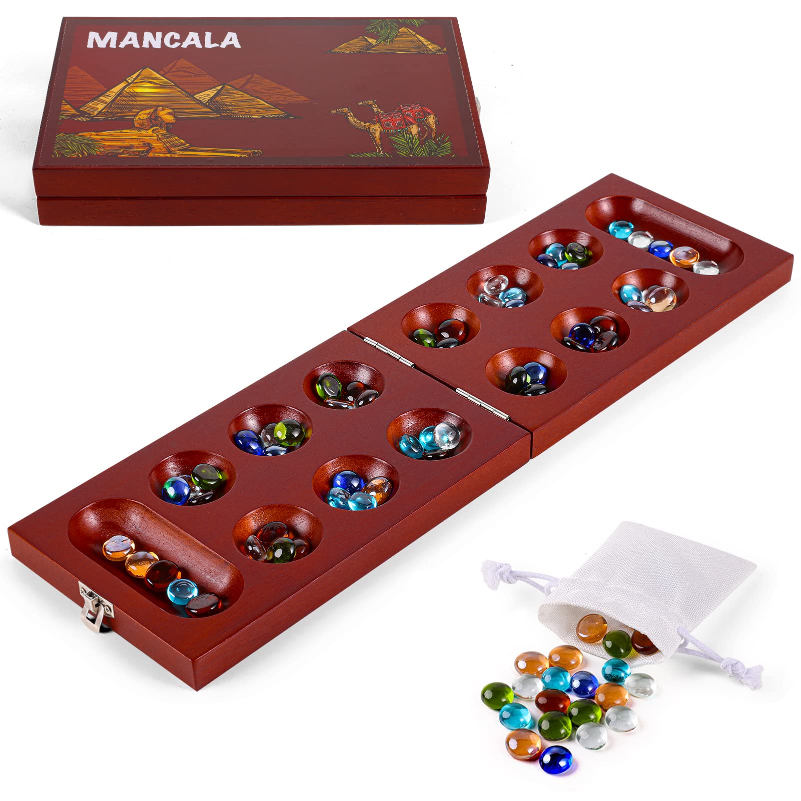 Ceebyfa Mancala Board Game for Kids, Adults & Family. Includes Folding Rubber Wood Board, 48+10 Colorful Mancala Stones & Instruction. Classic & Portable Marble Game for Travel