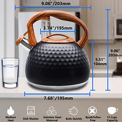 Foedo Tea Kettle, 3.2 Qt Stainless Steel Whistling Tea Kettle for Stove Top, Food Grade Teapot with Wood Pattern Handle for Coffee, Tea, Milk etc, Gas Electric Applicable (Black)