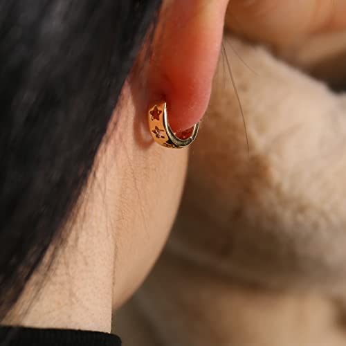 CONRAN KREMIX Small Thick Gold Chunky Hoop Earrings Star Cubic Zircon Lightweight Hoops For Women