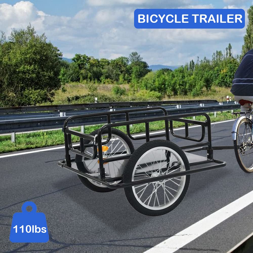 Bike Cargo Trailer with 2 Wheels, Folding Frame Bicycle Wagon Carrier Luggage Storage Cart with Rain Cover, Black+Red