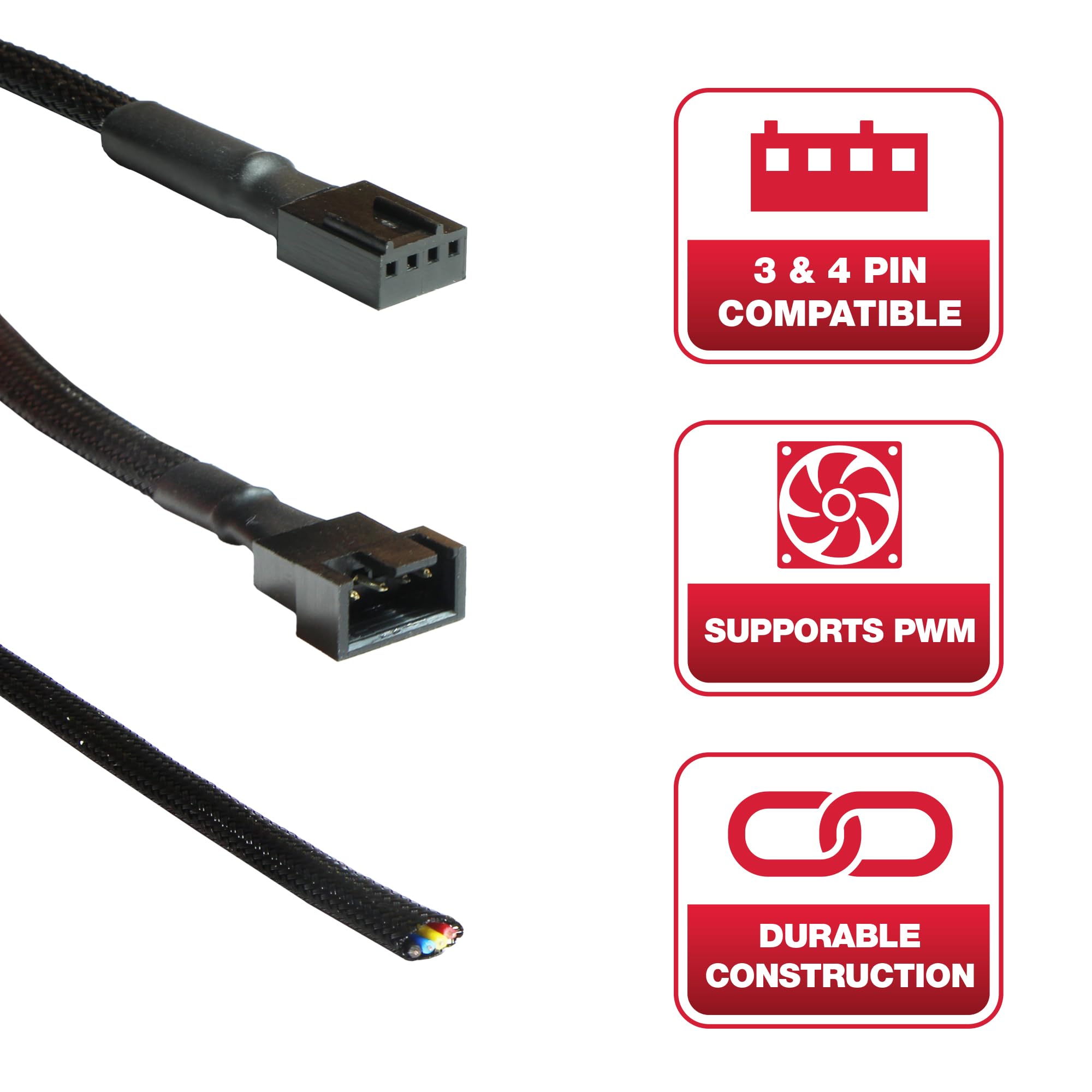 BUYMINERS.CA PWM Fan Extension Cable - 10.5 inch PC Fan Extension Cable, Durable, Black Braided Nylon Case Fan Extension Cable (4 Pack)
