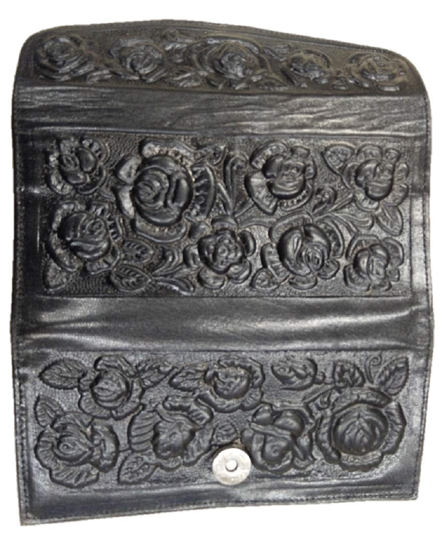 Sharpshooter Ladies Tooled Leather Western Blossoming Roses Trifold Wallet (BLACK)