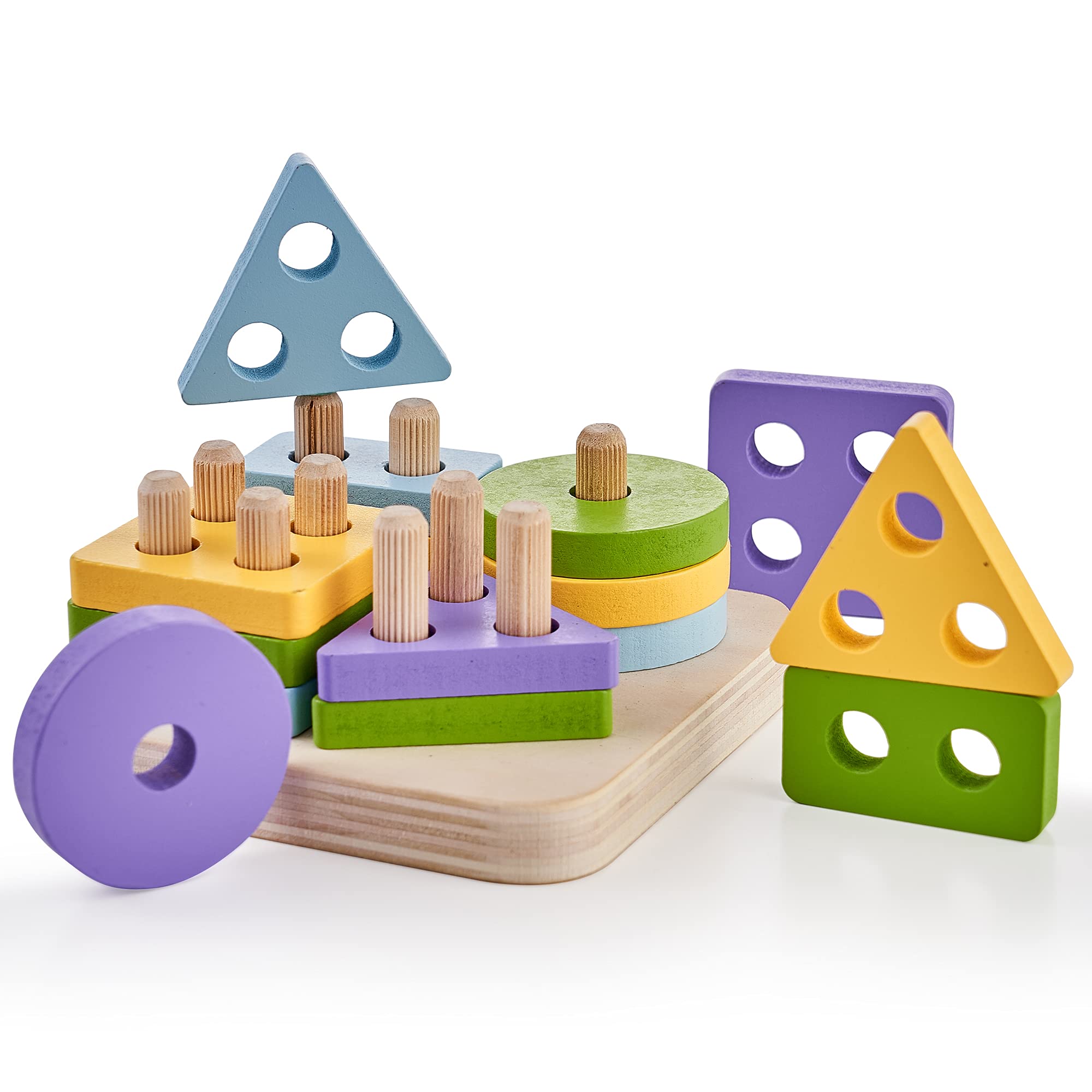 Wooden Sorting Stacking Toys, Montessori Toys for Toddlers Learning Educational Puzzle Preschool Stacker Geometric Shapes Color Sorting Recognition Sensory Toy for 1 2 3 Year Old Boys Girls Gifts