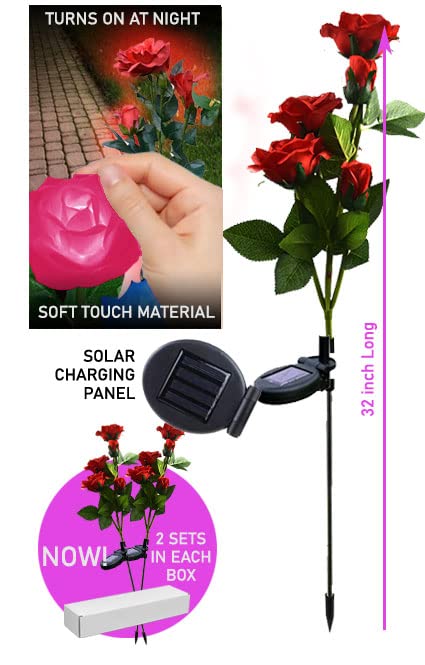 Red 2 Pack, Solar Garden Lights Decorative, 10 Rose Lights Flowers LED for Garden Yard Patio Pathway Lighting, Decorative Flower lamp, Rainproof(Red)