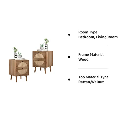 FOKWE Rustic Rattan Nightstand 2-Drawer, End Table Side Table Wooden Coffee Table with Storage and Solid Wood Legs for Living Room, Bedroom(Walnut,2 Pack), Walnut-2 Drawers-2 Packs,