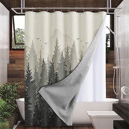 SMABU Black Linen Shower Curtain with Liner Natural Fabric Shower Curtain Liner Set with Hooks Rustic Forest Mountain Shower Curtains for Bathroom Black and Cream Double Shower Curtain Dark Grey 72x72