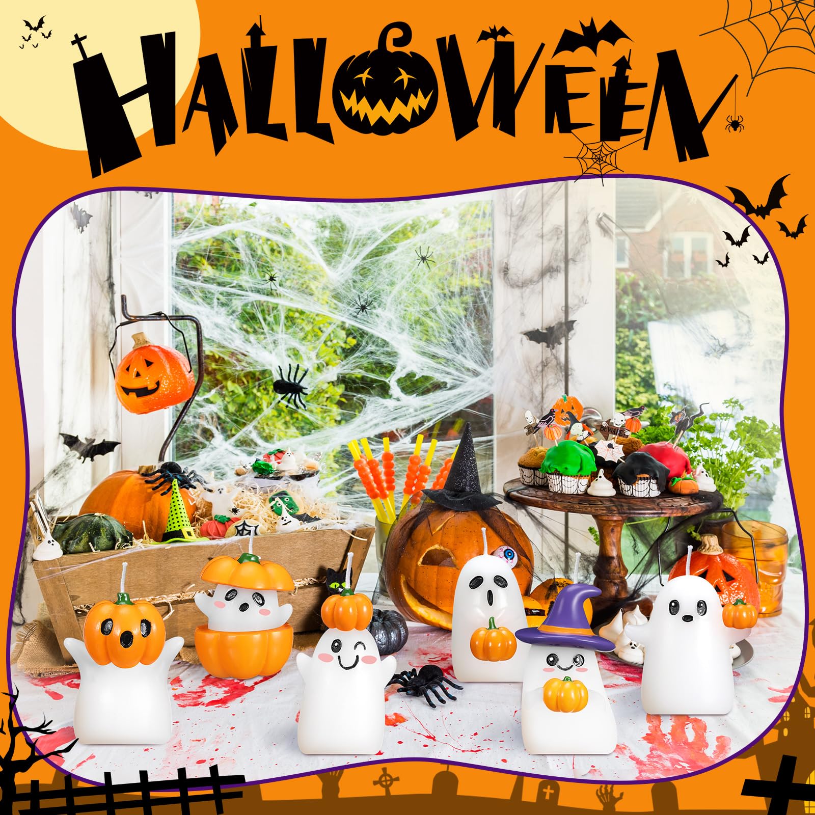 Conelist 6 Pcs Halloween Ghost with Pumpkins Candles Cute Ghost Shaped Halloween Decoration Candles Halloween Spooky Candles for Home Halloween Party Room Table Decorations