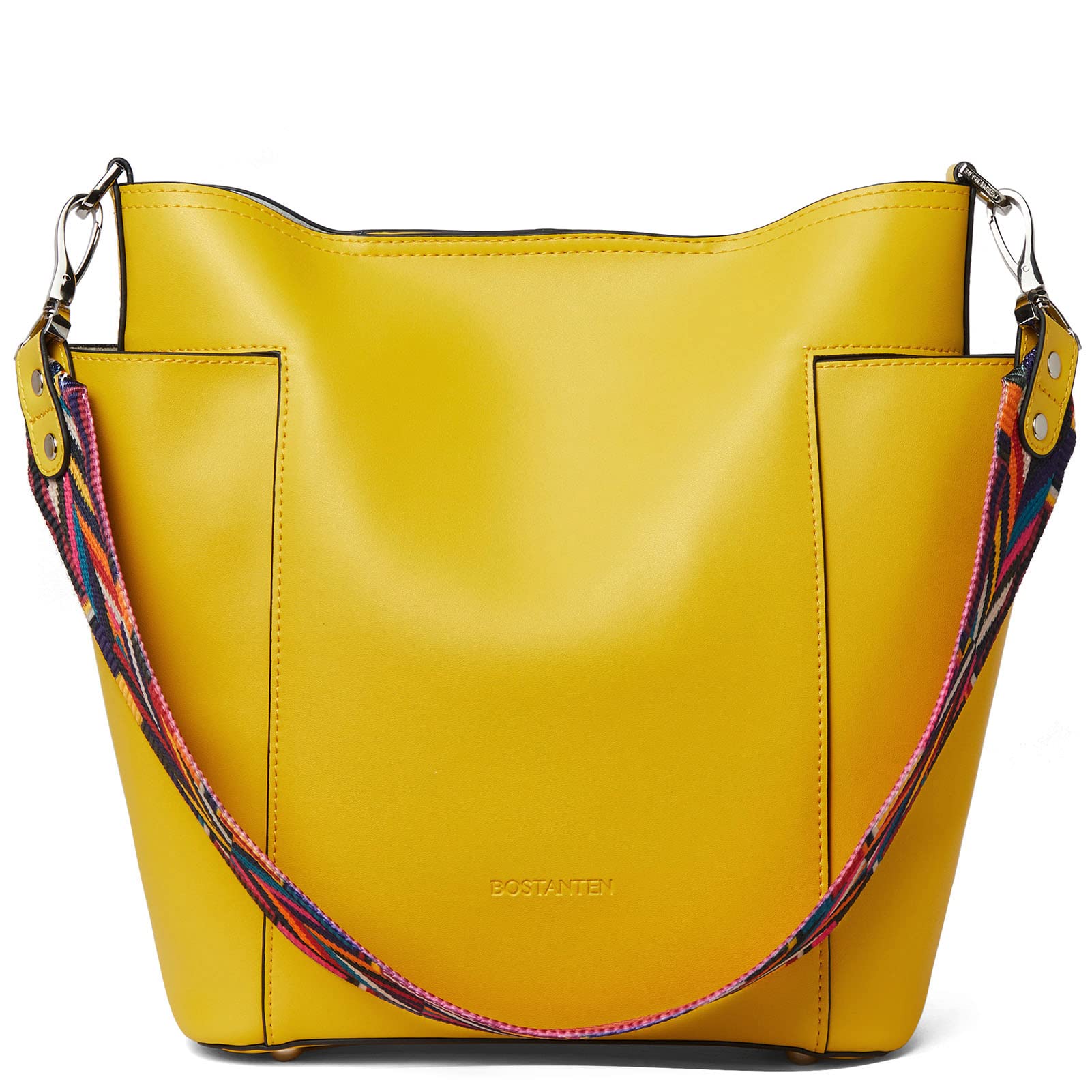 BOSTANTEN Genuine Leather Bucket Handbag Designer Hobo Shoulder Bag Tote Purses and Handbags Set with Clutch Purses Yellow-grainy