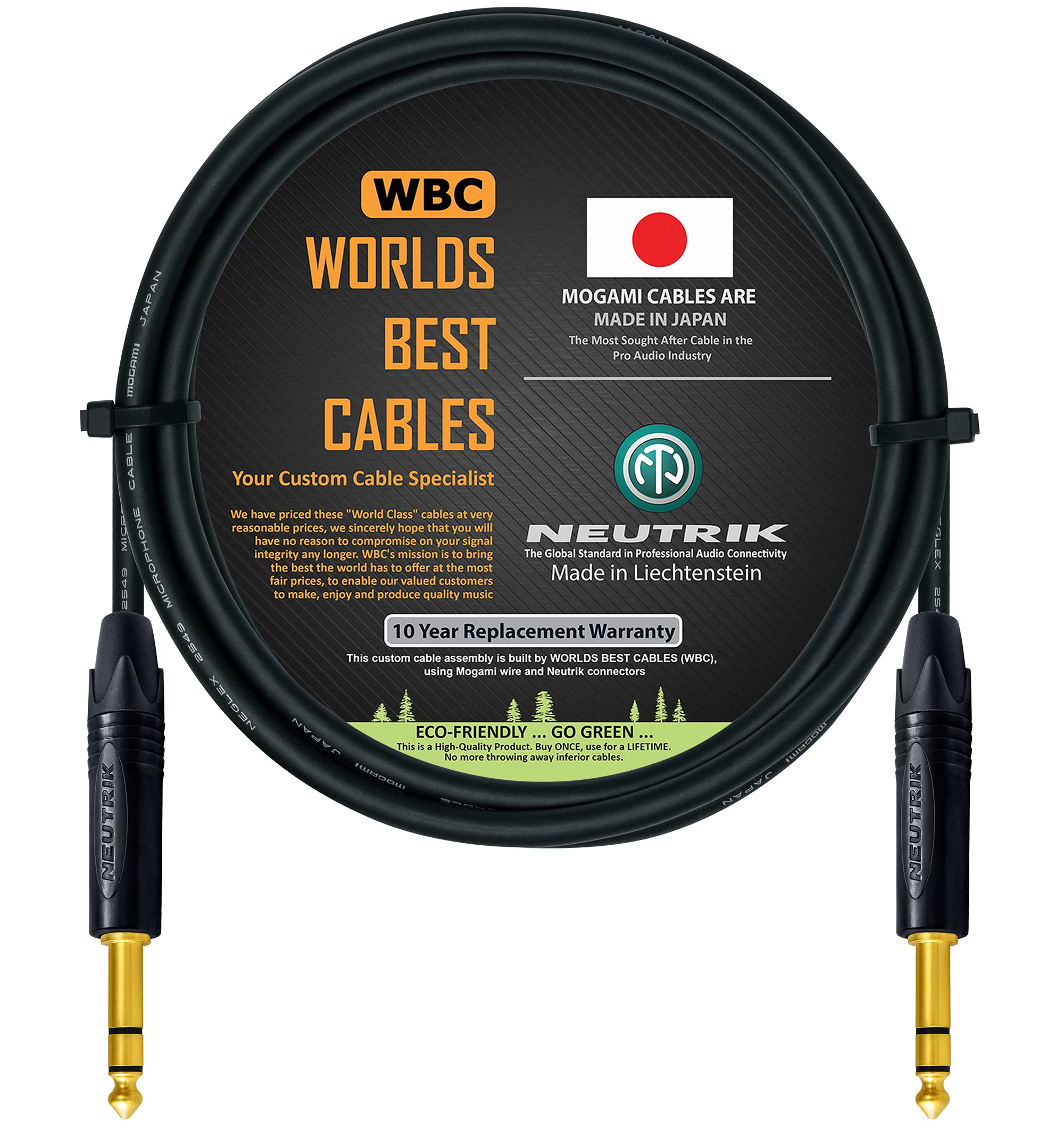 WORLDS BEST CABLES 5 Foot - Balanced TRS Patch Cable Custom Made Using Mogami 2549 (Black) Wire and Neutrik NP3X-B Gold TRS Stereo Plugs