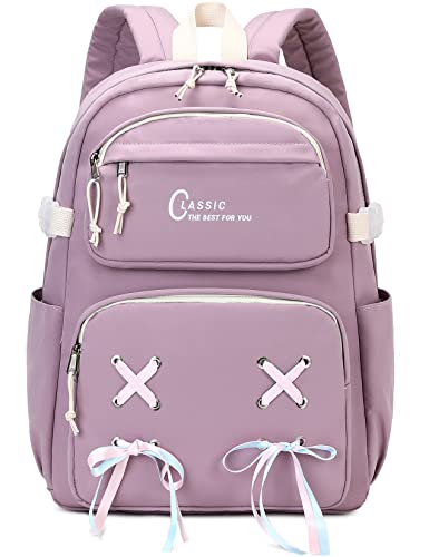 El-fmly Lightweigt School Bookbag Travel Backpack Daypack with Cute Ribbon for Teen Girls Students (Purple)