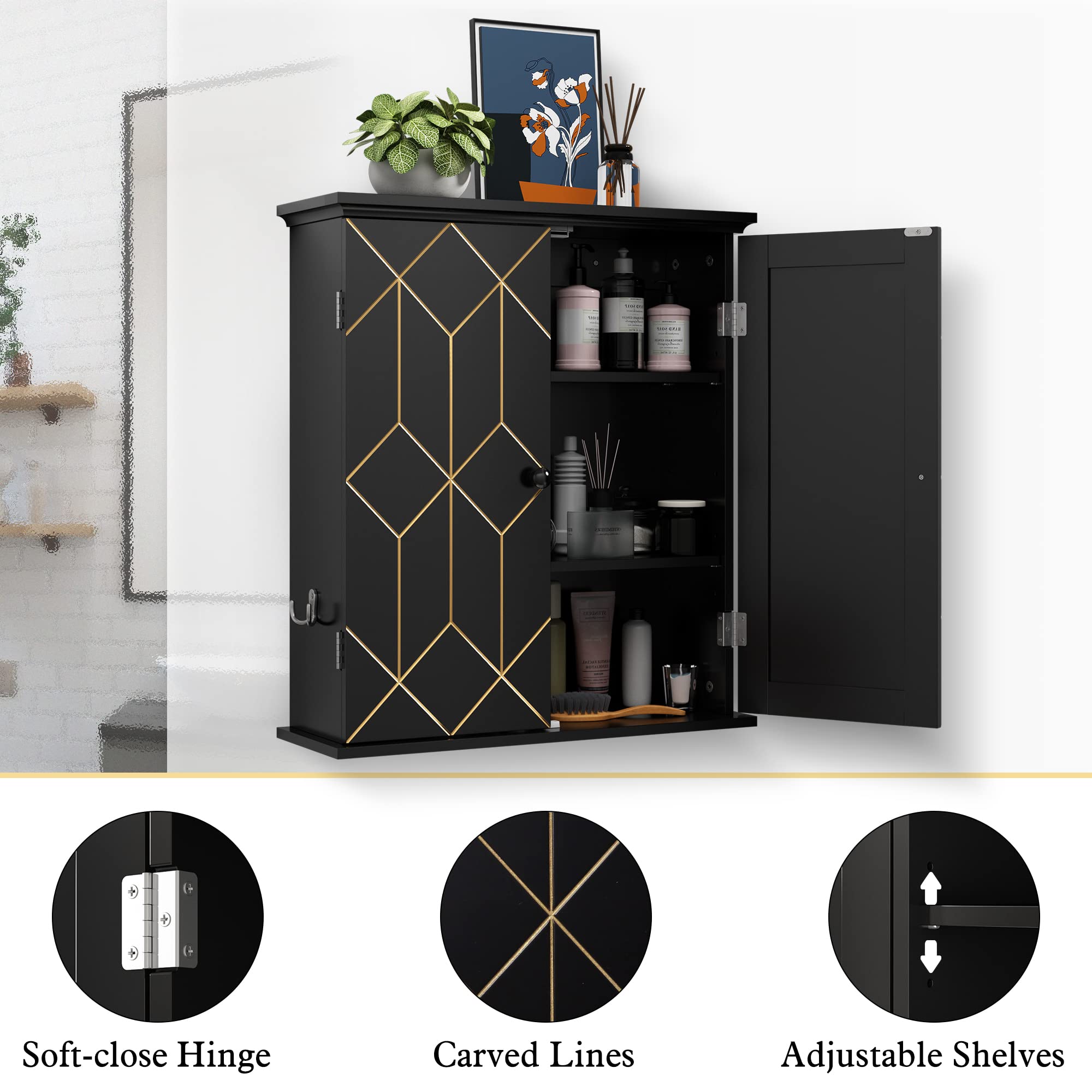 AZODY Bathroom Cabinet with Gold Trim, Wall-mounted Bathroom Storage Cabinet with Adjustable Shelves and Side hooks, Space Saver Medicine Cabinet for Livingroom, Laundry, Classical Black