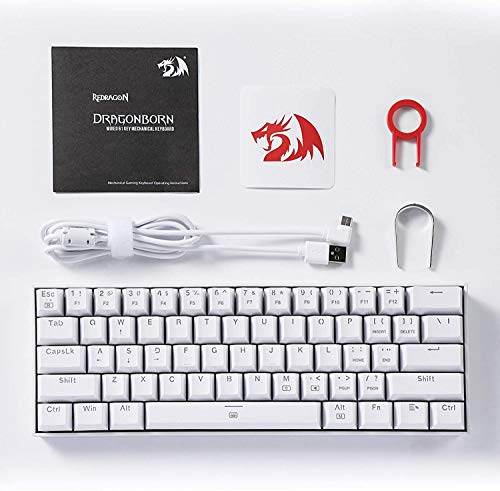 Redragon K630 Dragonborn 60% Wired RGB Gaming Keyboard, 61 Keys Compact Mechanical Keyboard with Tactile Blue Switch, Pro Driver Support, White