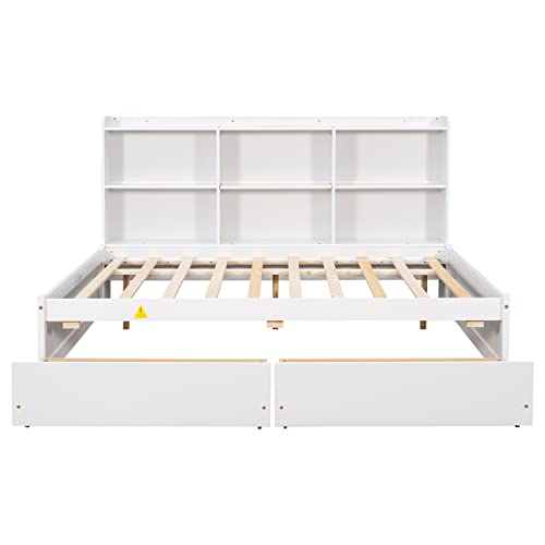 Harper & Bright Designs Full Bed with Storage Drawers and Side Bookcase, Solid Wood Platform Frame, Full Size Daybed Sofa for Bedroom Living Room (Full Size, White) White(side Bookcase)