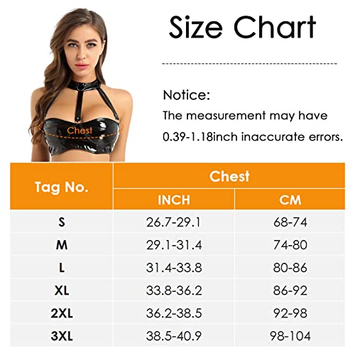 FEOYA Black Shiny Metallic Crop Tops for Women Sexy Wet Look PVC Latex Bra Large