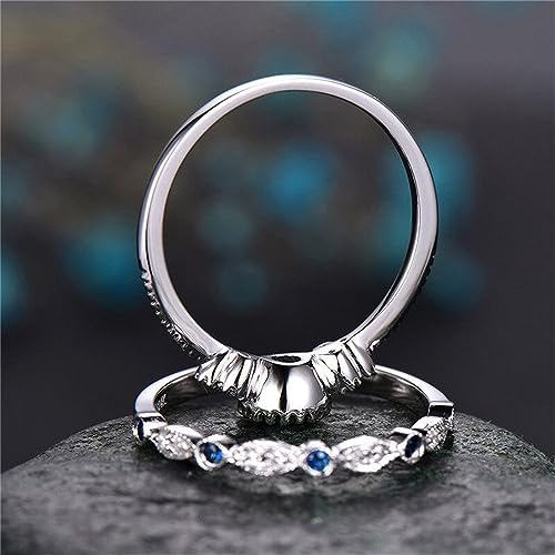 AZQ Fashion 2PCS 925 Sterling Silver Natural Sapphire Ring Round Cut Cubic Zirconia Promise Rings CZ Classical Eternity Engagement Wedding Band Ring Set for Women (US Code 8)