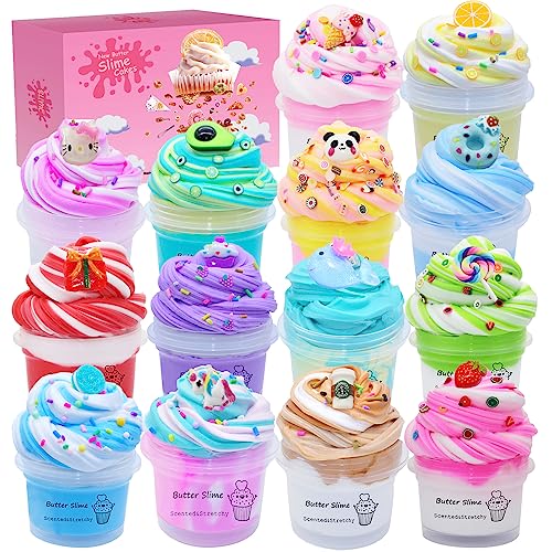 FJAZUFSA 14 Pack Dual Colors Butter Slime Kit, Soft & Non-Sticky,Birthday Gifts for Girl and Boys, Easter Party Favors or Christmas Stocking fillers