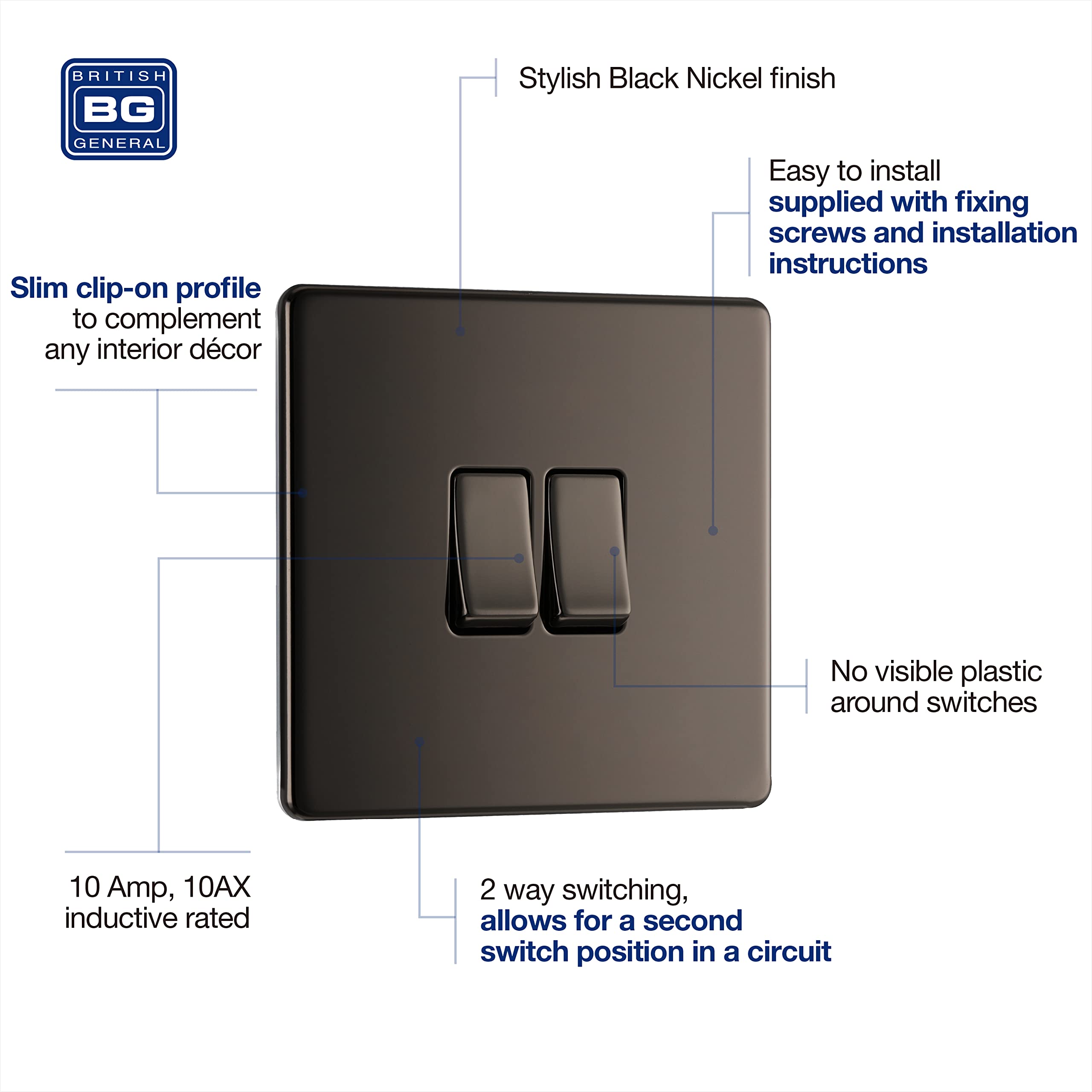 BG Electrical Screwless Flat Plate Triple Dimmer Intelligent Light Switch, Black Nickel, 2-Way