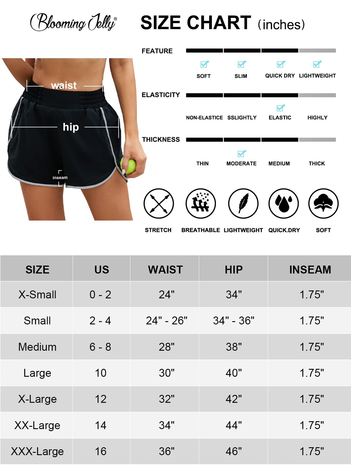Blooming Jelly Womens High Waisted Running Shorts Quick Dry Elastic Waist Drawstring Athletic Shorts with Zipper Pocket (X-Large, Black)