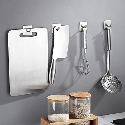 Multifunctional Hook Kitchen Hook Adhesive Hooks Duty Stick on Wall Hooks Towel Hooks Door Hooks Waterproof Stainless Steel Adhesive Holders Bathroom Adhesive Hook (Silver-4pack)