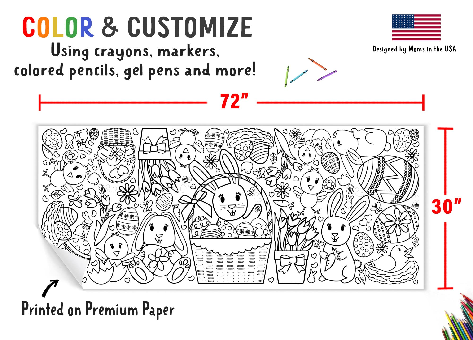 Tiny Expressions Easter Coloring Tablecloth for Kids - Rolled, No Creases 30" x 72" Giant Coloring Poster to Color On - Kids Easter Activities