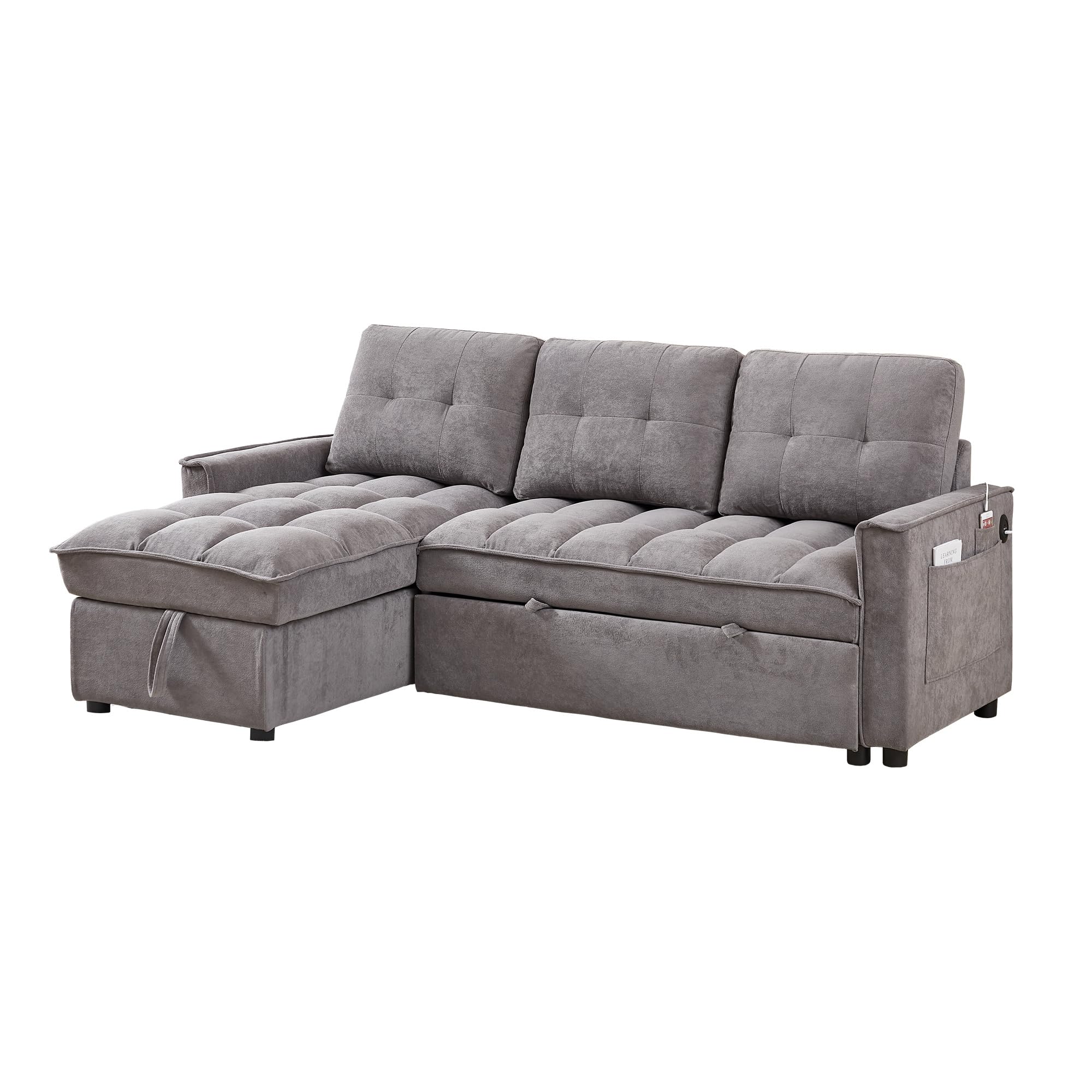 Convertible Chair Bed, 3 in 1 Convertible Sofa Bed Sleeper Sofa with Storage Chaise & Side Pocket, Built-in Charging Station, L-Shaped Couch in Chenille, Pull Out Sofa Bed Couch for Living Room, Beige