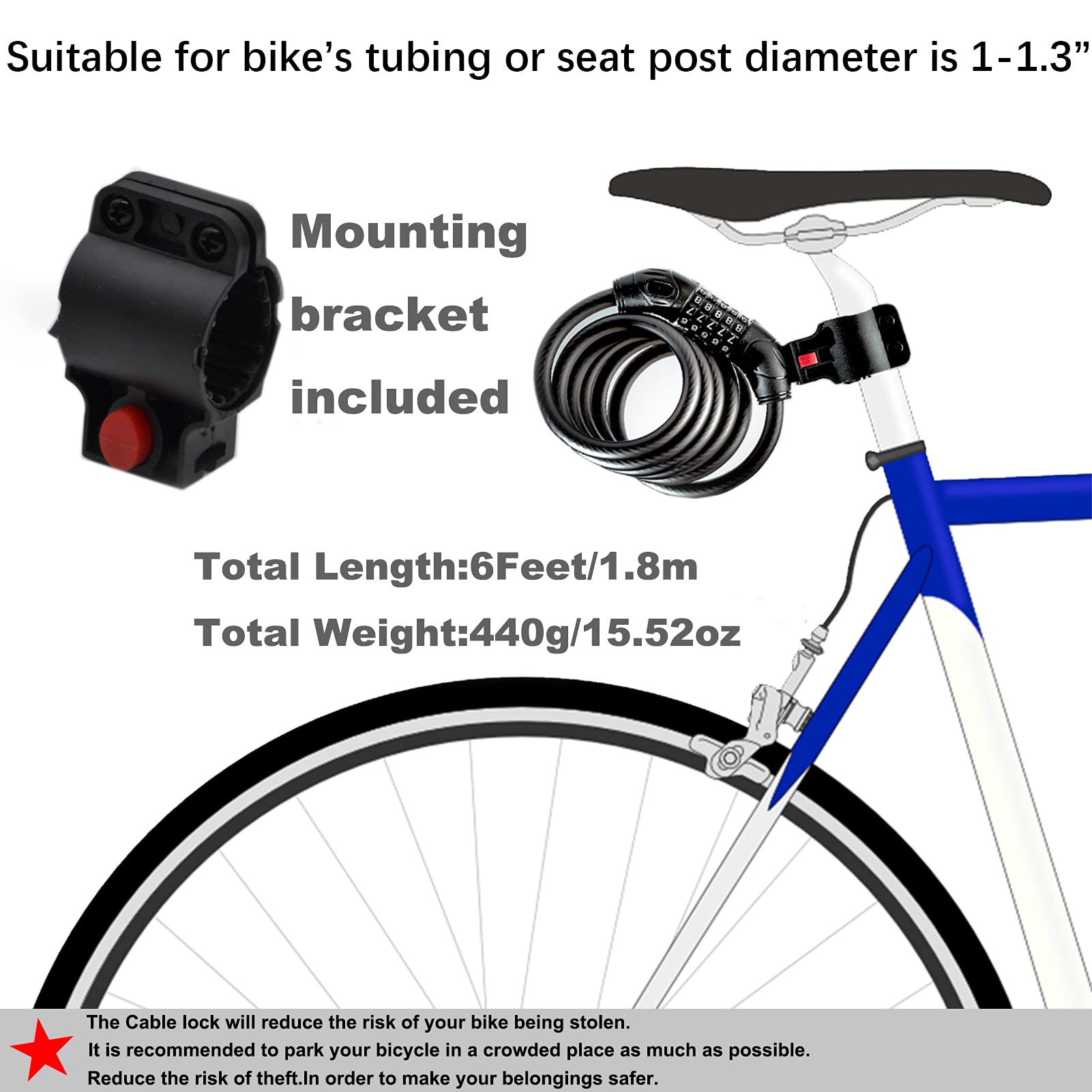 Bike Lock Cable 6 Feet Bike Security Chain Lock with Combination Code Keyless Anti Theft Resettable Password 5 Digit Hardness Mounting Bracket Steel Lock for Bike Bicycle Motorcycle Door Gate Outdoor