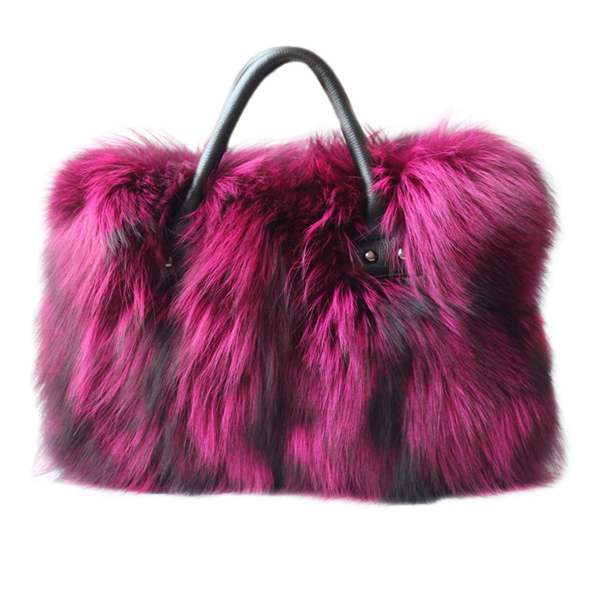 KAISHIN Women Full-pelt Fox Fur Shoulder Bags Ladies Genuine Cowhide Hard Handle Extra Large Handbags Rose