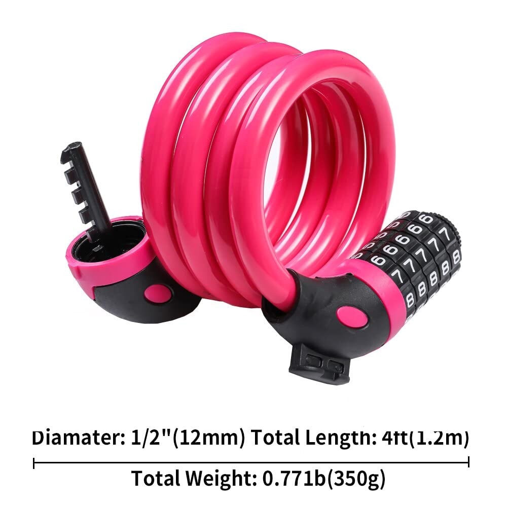 Bike Lock, Bike Cable Locks, Bike Combination Lock, with mounting Bracket,4 Feet Coiled Secure Resettable Combination Bike Bicycle Lock ,1/2 Inch Diameter (pink)