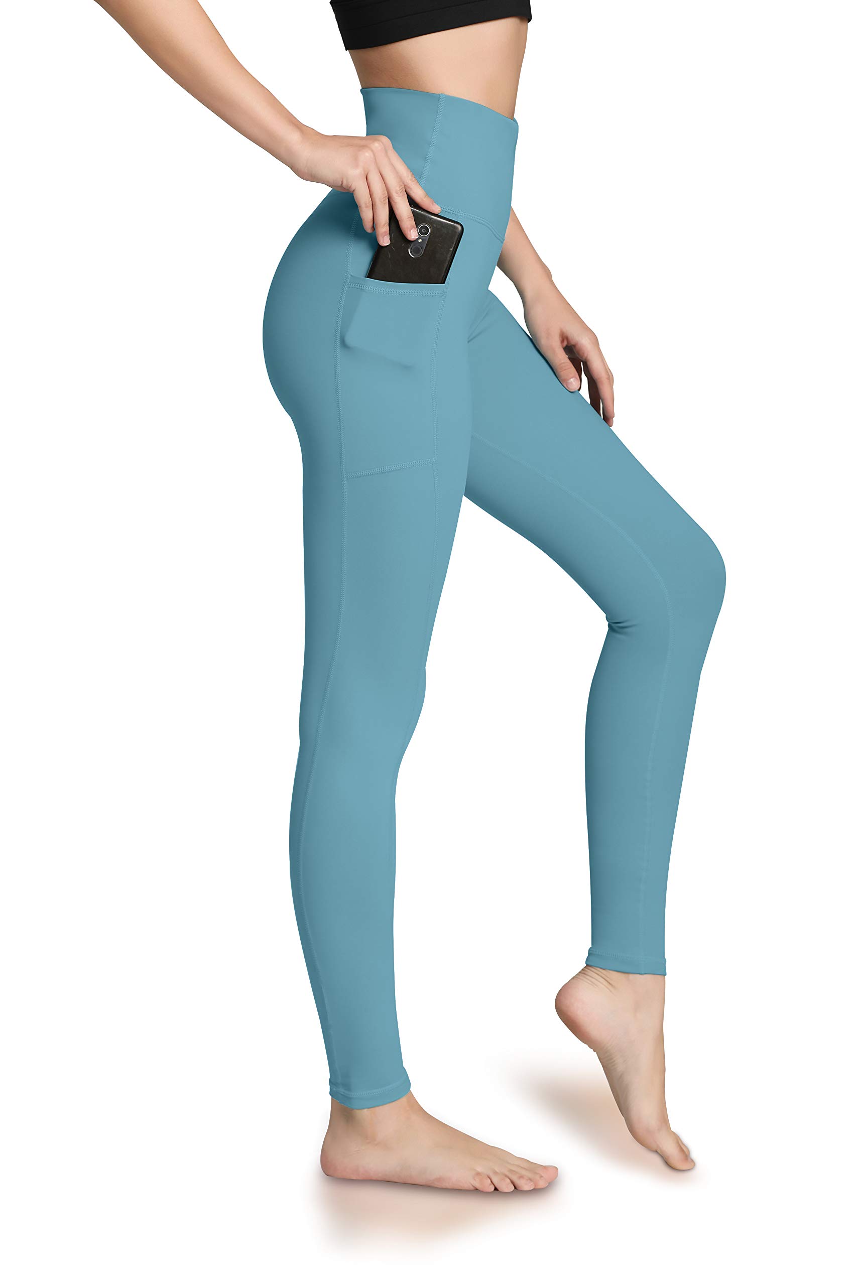 azuza High Waist Yoga Workout Pants Pattern TIK tok Scrunch Tummy Control Sliming Leggings with Pockets for Women Sky Blue