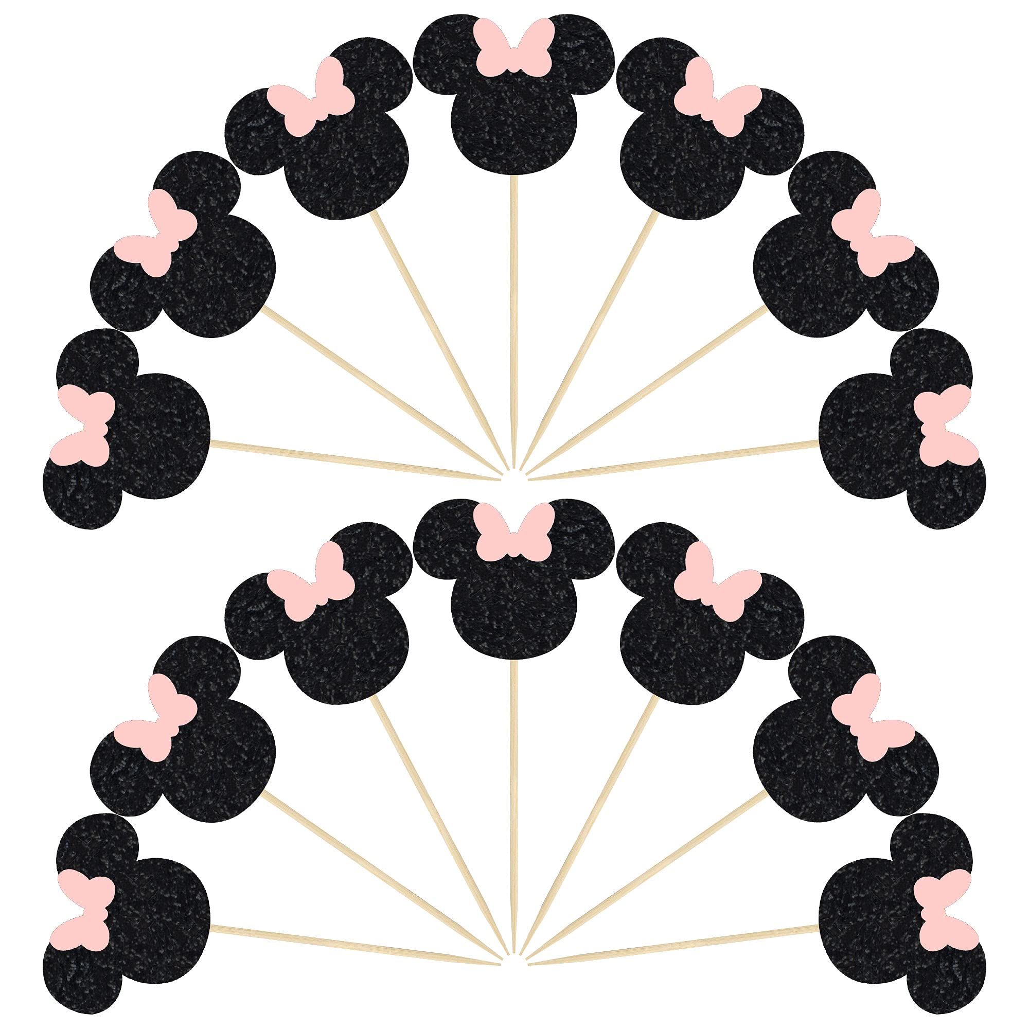 Gyufise Mouse Inspired Cupcake Toppers with Bow Black and Pink Glitter Mouse Cupcake Picks Baby Shower Wedding Kids Birthday Party Cake Decorations Supplies 36 Pack