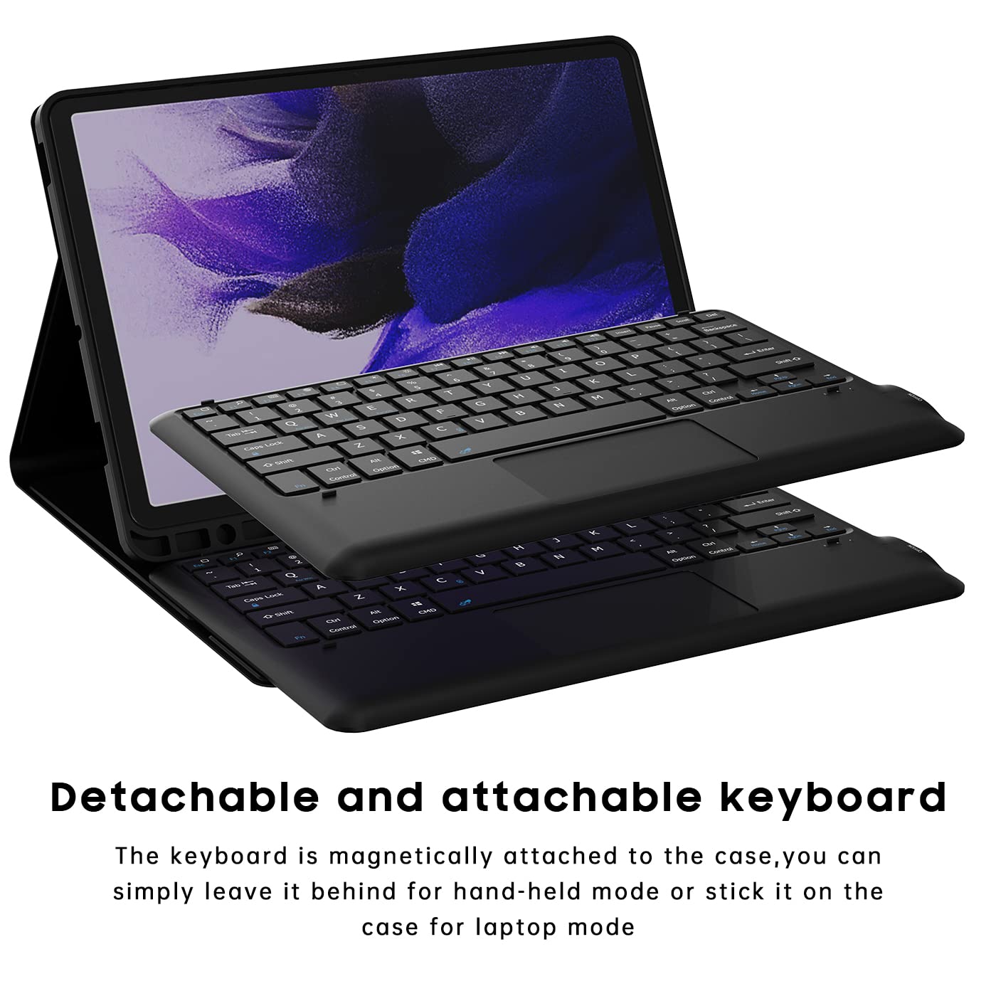 For Samsung Galaxy Tab S7 FE / S7 Plus /S8+ 12.4 inch Case with Keyboard - Smart Detachable Wireless Touchpad Tablet Keyboard Cover - Tab S7 FE 2021/ S7+ 2020/S8+ Keyboard Case with S Pen Holder Black