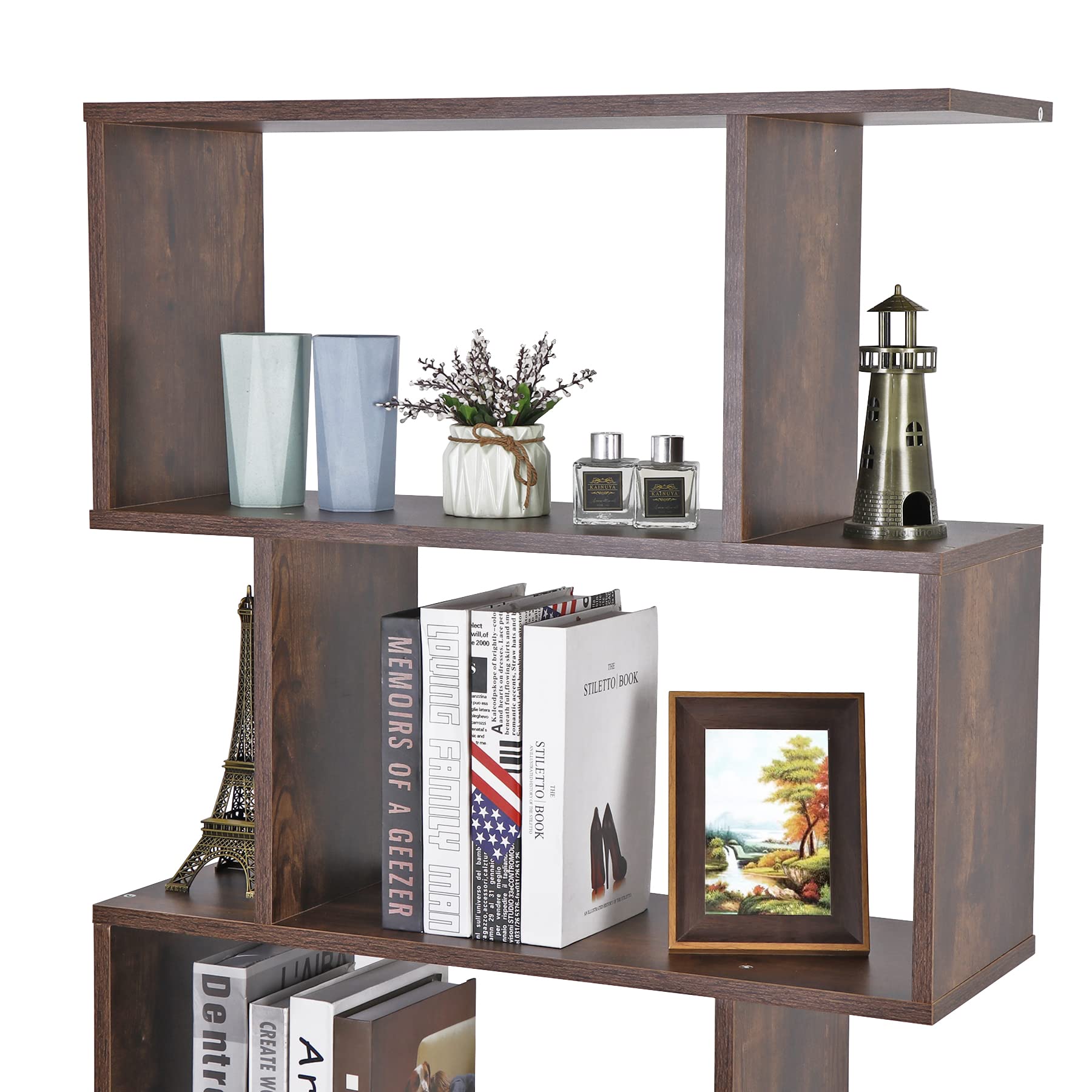 Epetlover 5 Tier Bookshelf S-Shaped Geometric Bookcase Wooden Floor Standing Open Shelf Bookshelves Display Storage Shelf & DVD Shelves for Living Room Bedroom Office, Rustic Brown