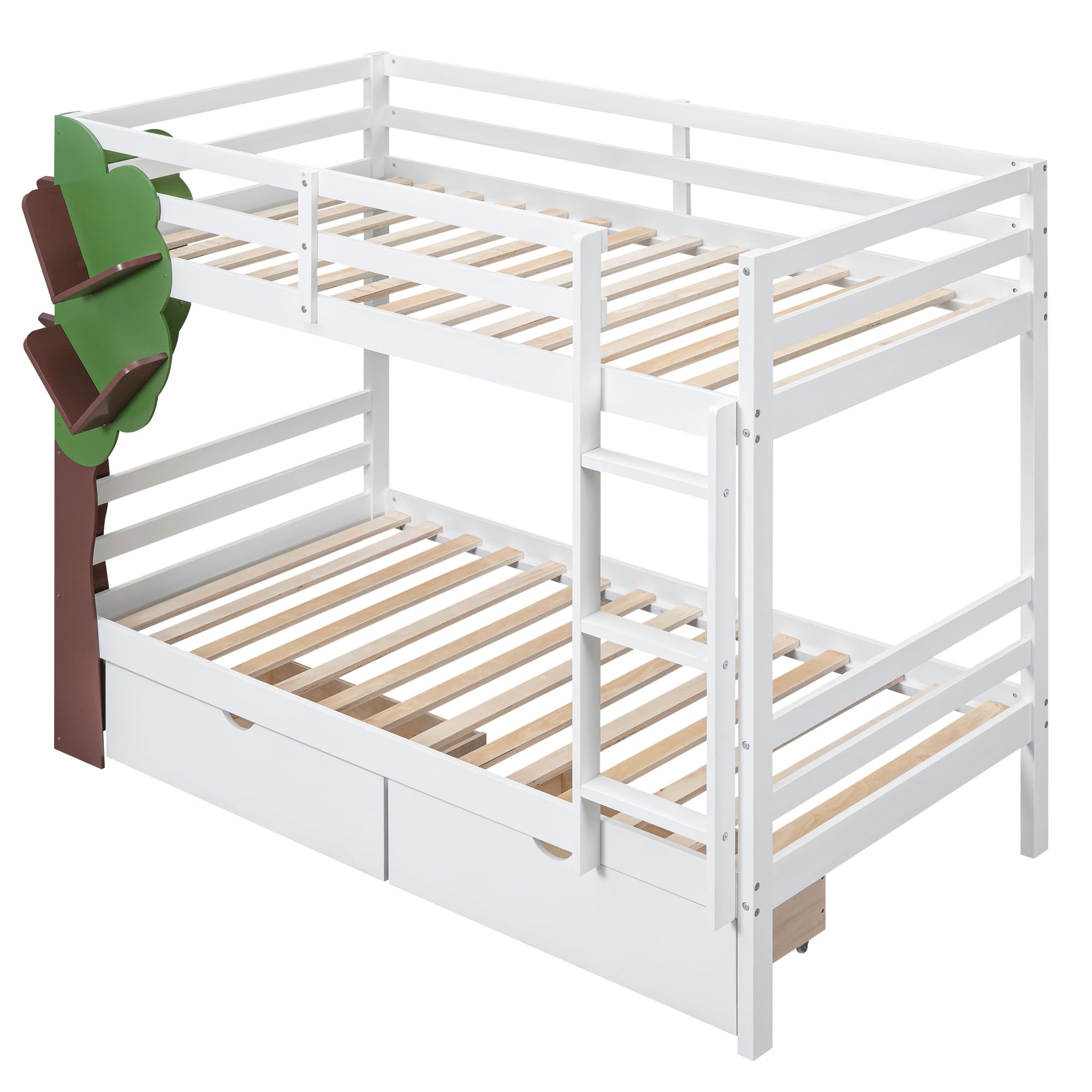 BIADNBZ Bunk Bed, Twin Over Twin Size Beds with Two Storage Drawers and a Tree Decor, Wood Low Bunkbed Frame for Kids Boys Girls Bedroom, White