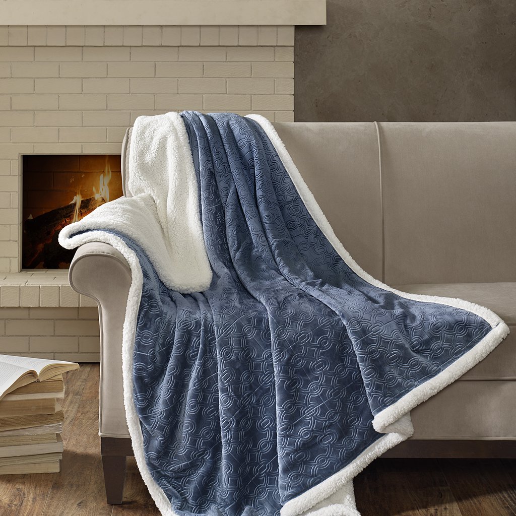 Madison Park Elma Luxury Oversized Textured Plush Throw Blue 60*70 Premium Soft Cozy Embossed Micro Velour For Bed, Coach or Sofa