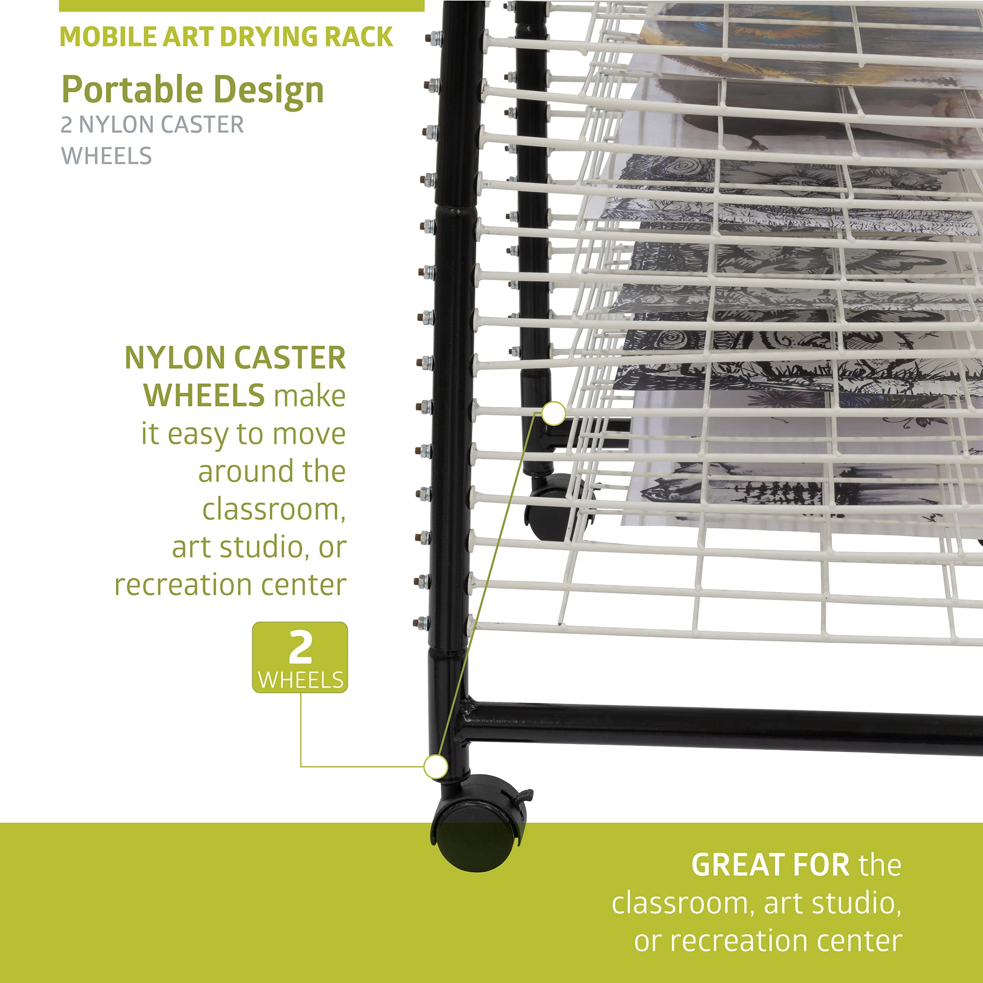 Pearington Mobile Wide Art Drying Rack for Classrooms, Art Studio, 25 Shelves, White