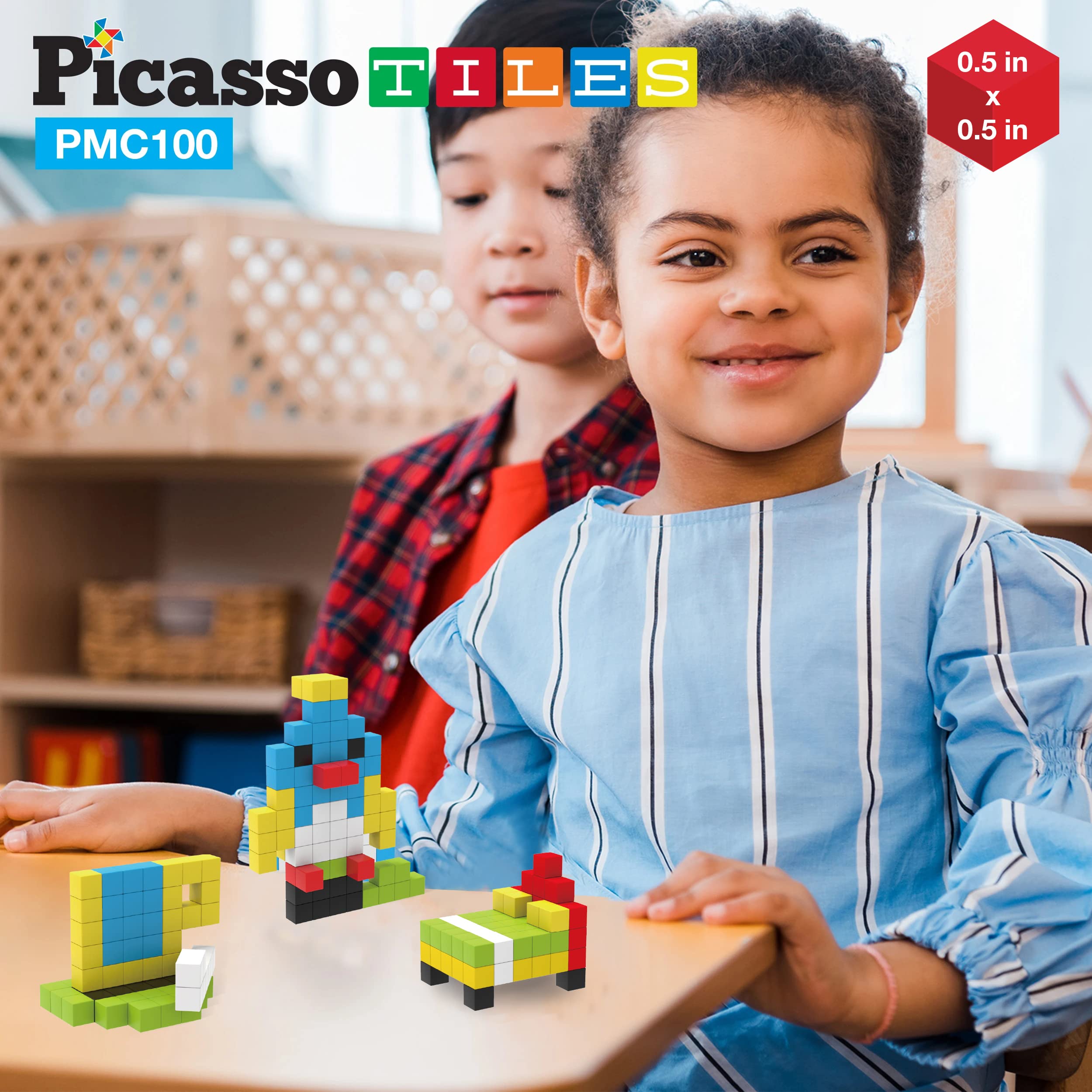PicassoTiles 0.5” Pixel Magnetic Puzzle Cube 100 Piece Mix & Match Cubes Sensory Toys STEAM Education Learning Building Block Magnets Children Construction Toy Set Stacking Magnet Creative Kit PMC100