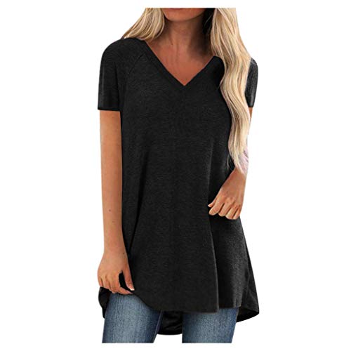 KKG Long Tunics for Women to Wear with Leggings, Short Sleeve Long Tops to wear with Leggings V Neck Plus Size Summer Shirt Black