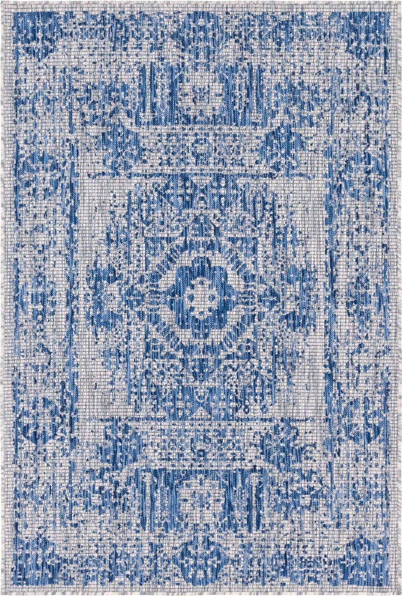 Rugs.com Outdoor Traditional Collection Rug – 4' x 6' Blue Flatweave Rug Perfect for Entryways, Kitchens, Breakfast Nooks, Accent Pieces
