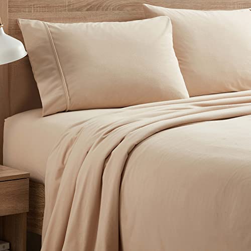Flannel Sheets Warm and Cozy Deep Pocket Breathable All Season Bedding Set with Fitted, Flat and Pillowcases, Twin, Beige