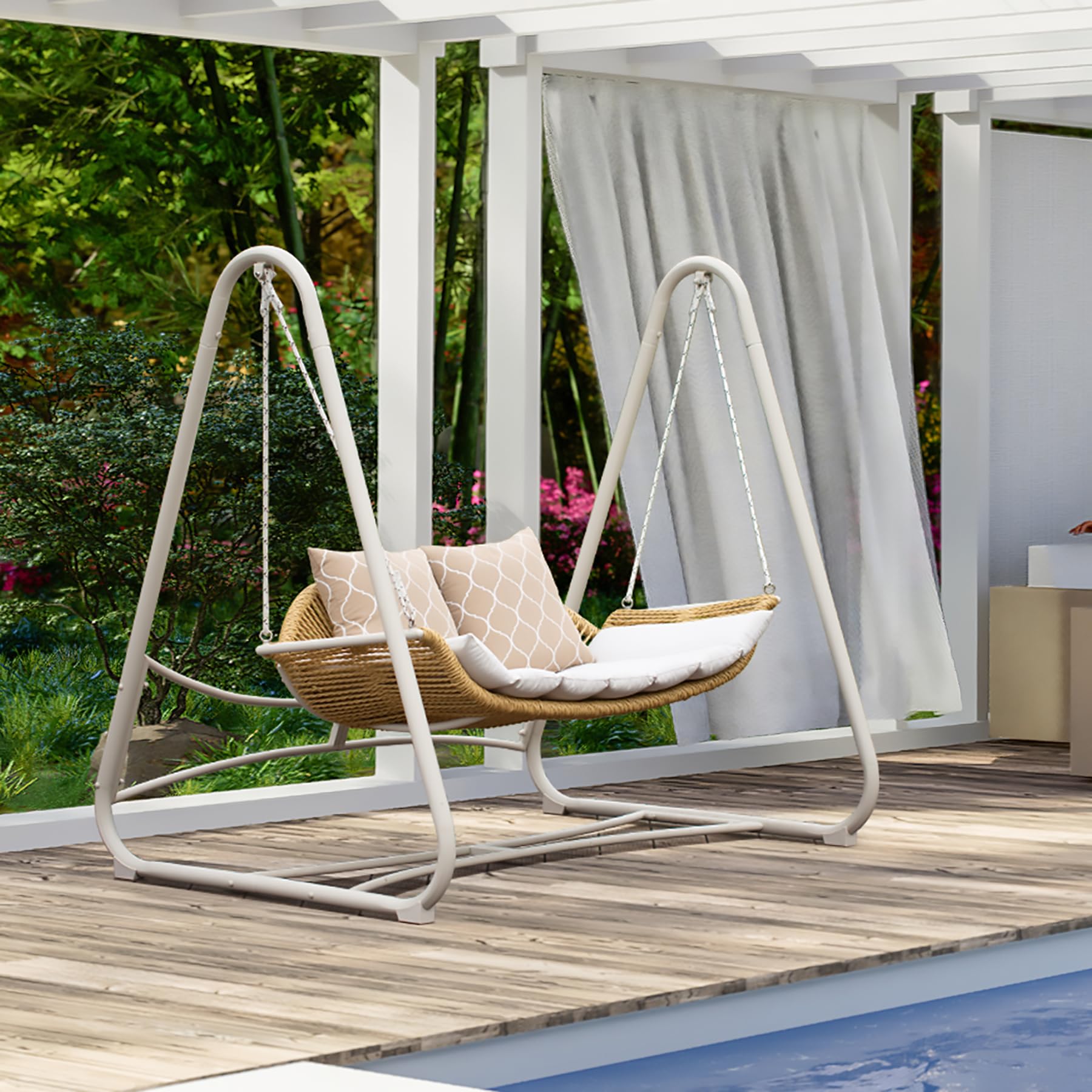 Domi Outdoor Patio Porch Swing, 2-Seat Hanging Swing Chair with Thickened Cushions and Pillow, Rattan Porch Swing Chair Outdoor Hammock Chair for Porch, Backyard, Garden