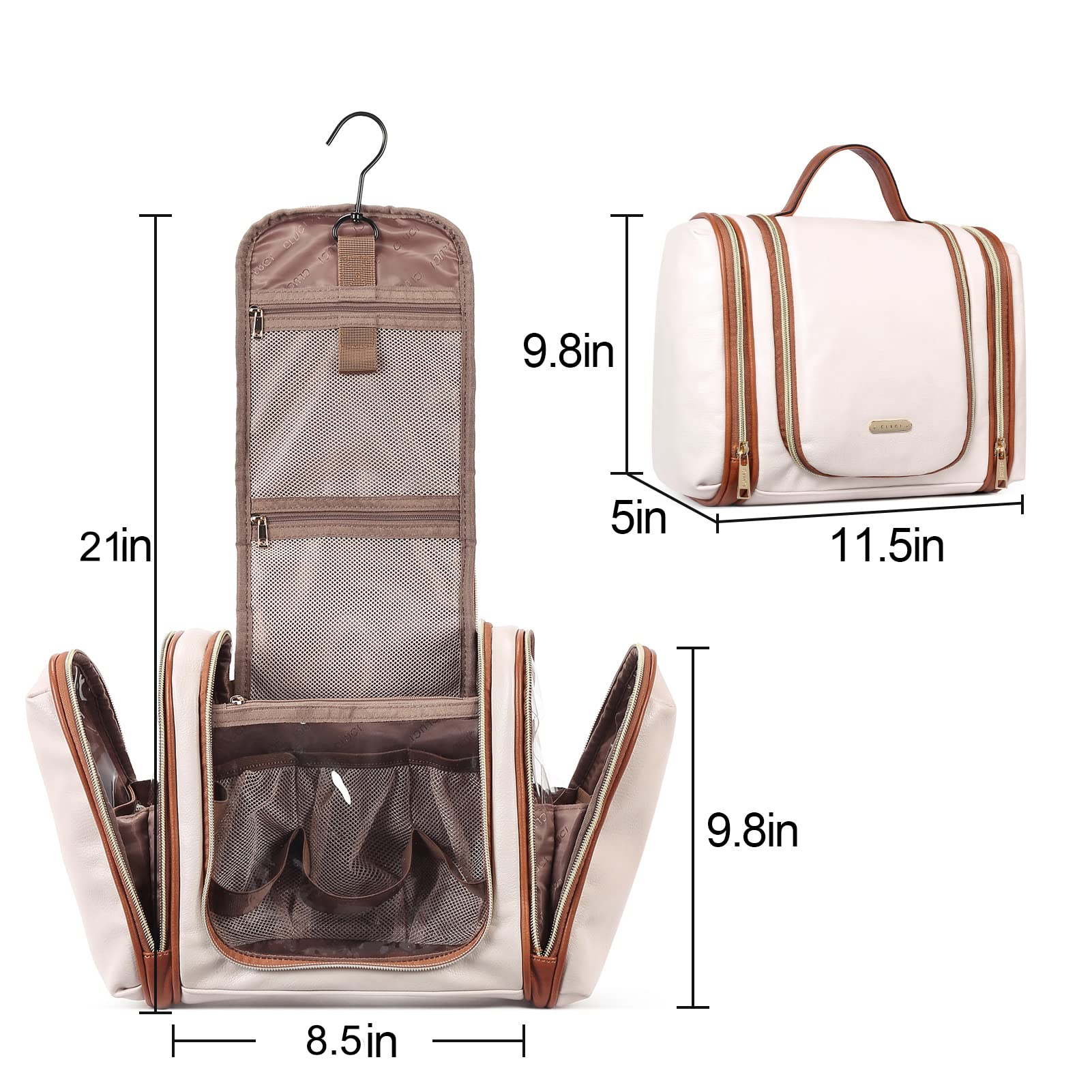 CLUCI Toiletry Bag Travel Bag, with Hanging Hook Water-resistant Makeup Cosmetic Bag Travel Organizer for Accessories Shampoo Full Sized Container Toiletries, Off White