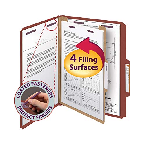 Smead Pressboard Classification File Folder with SafeSHIELD Fasteners, 1 Divider, 2" Expansion, Letter Size, Red, 10 per Box (13775)