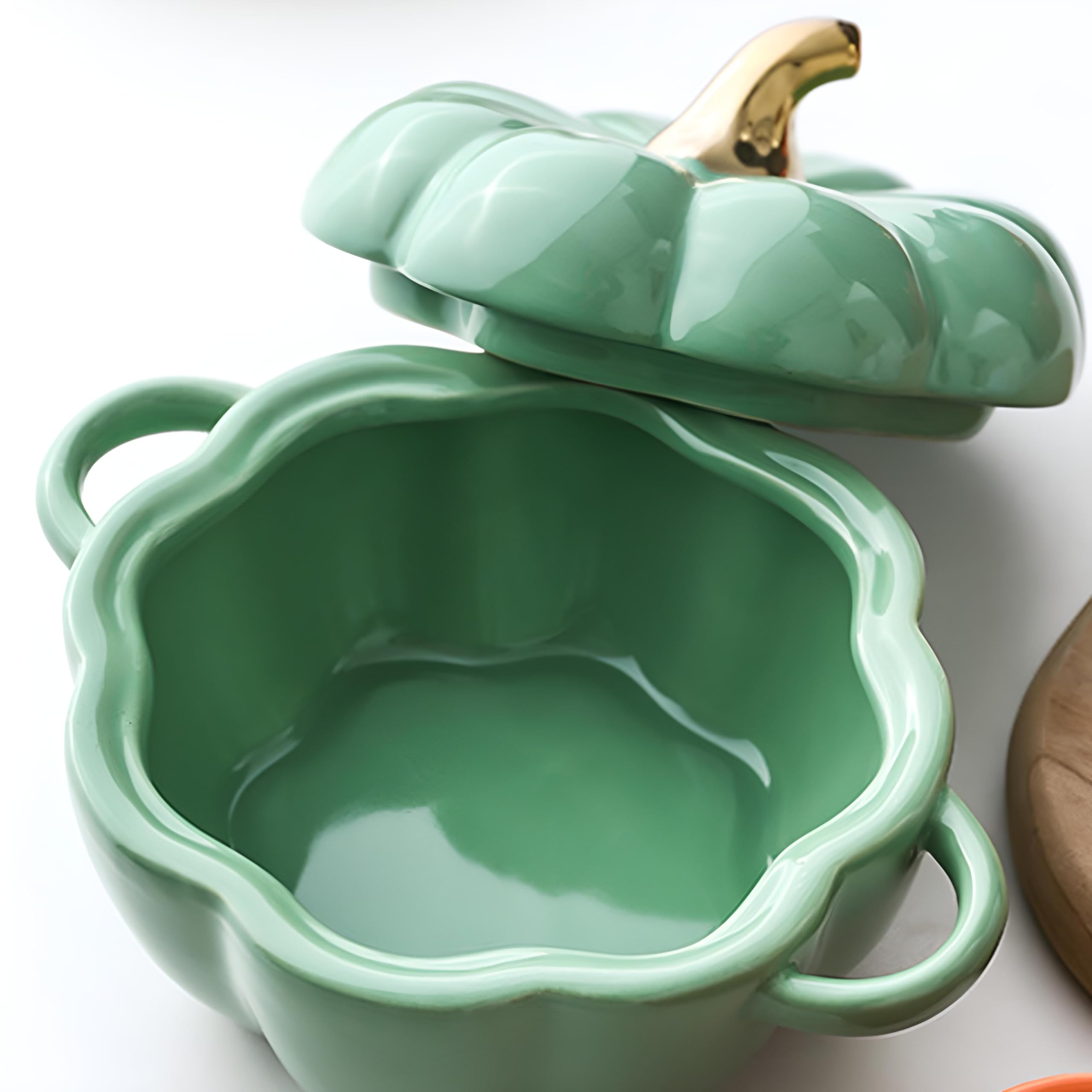 Drieamboat Pumpkin Bowl with Lid and Handle, 14 Oz Ceramic Ramekins for Baking, Mini Baking Dish Cute Pumpkin Bowl Casserole Dish Individual Severing Pot, Stoneware, Oven Safe (White)
