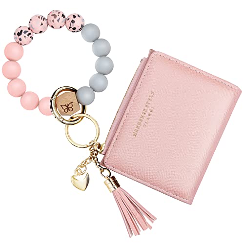 Keychain Bracelet Wristlet with Wallet Card Holder Pocket,Tassel Keychain Bangle Key Ring for Women